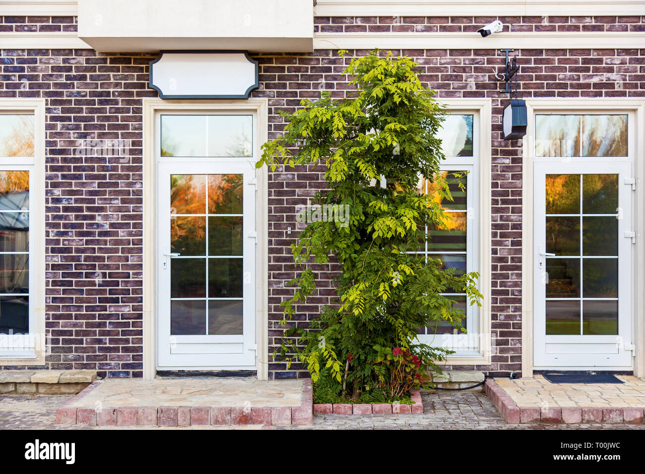 Storefront with large glass windows and a door Stock Photo - Alamy