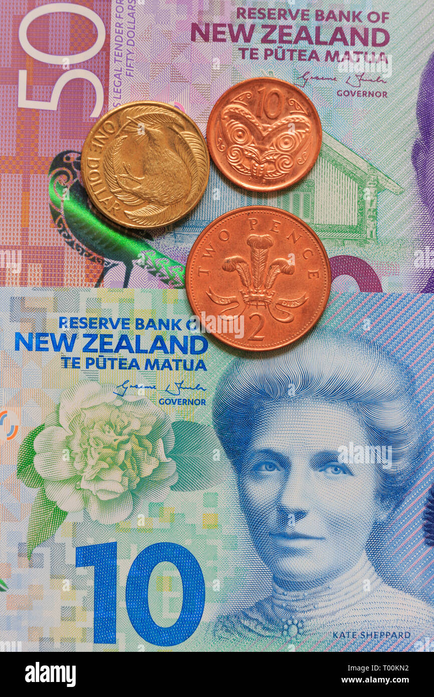New Zealand paper currency & coins, Auckland, New Zealand Stock Photo ...