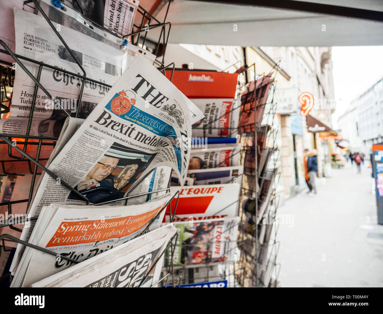 Paris, France - Mar 15, 2019: The Times and The daily telegraph ...