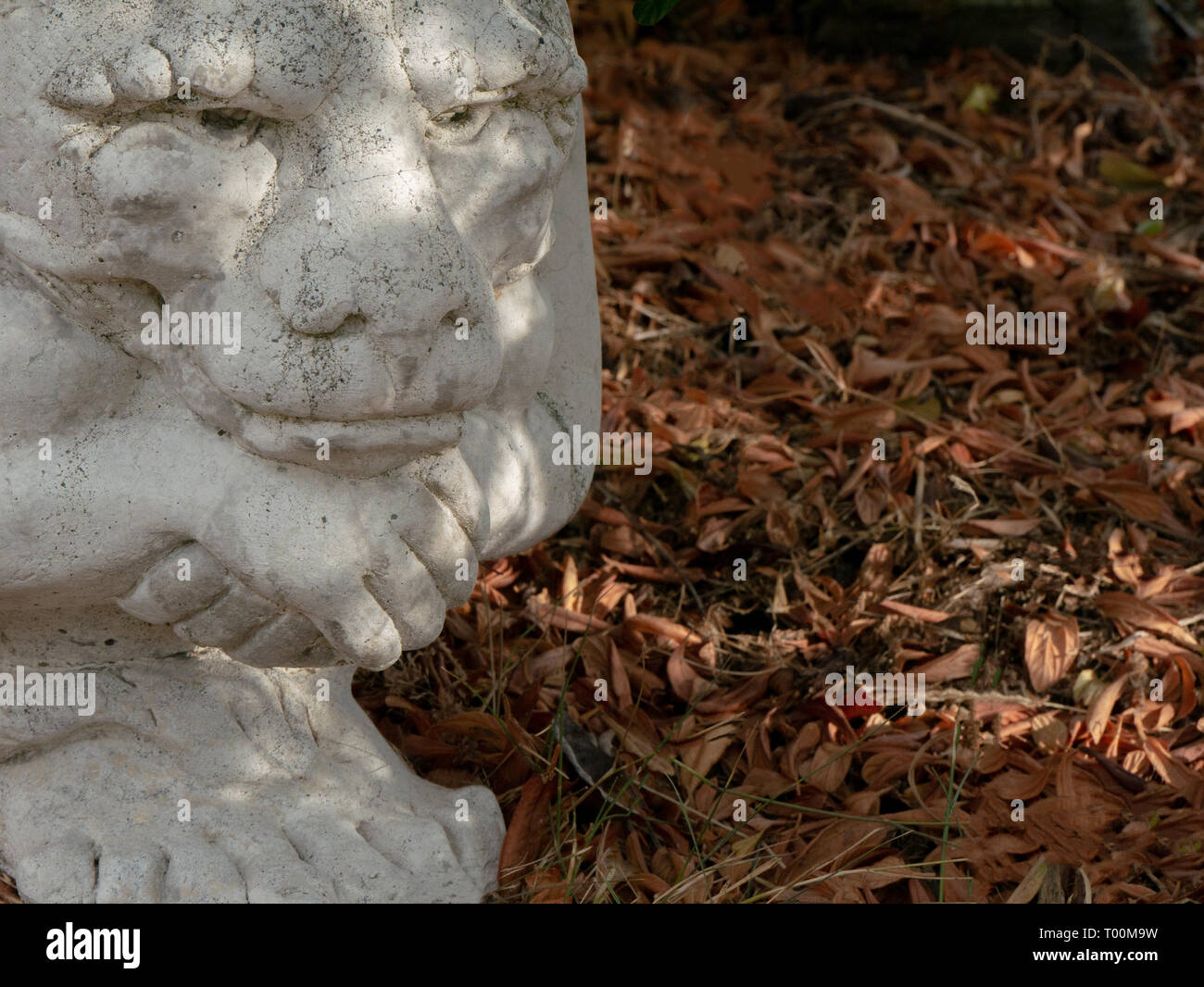 A gargoyle statue with gentle smile and folded hands gazes ...