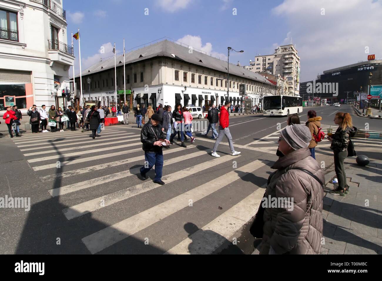 Bucharest, Romania - March 29, 2018: Crosswalk near Manuc Inn (Hanul ...