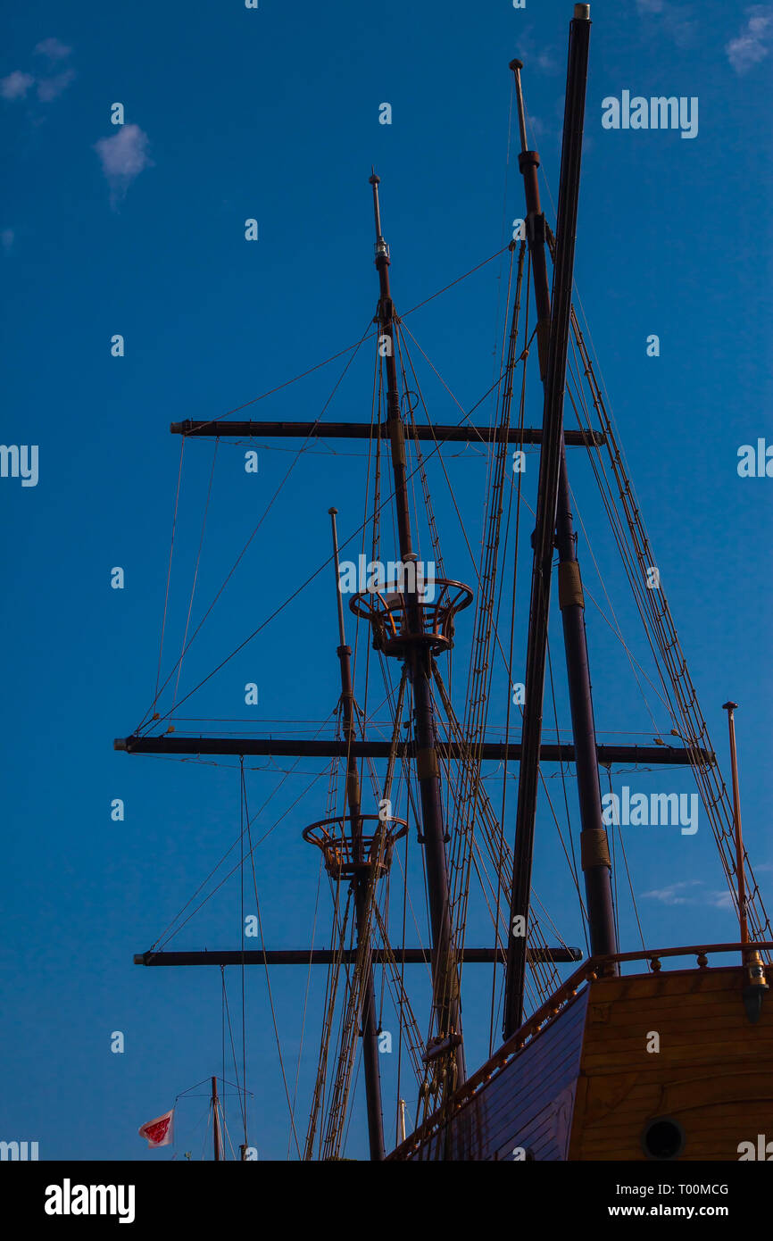 Vintage rigging for a wooden sailing ship replica Stock Photo - Alamy