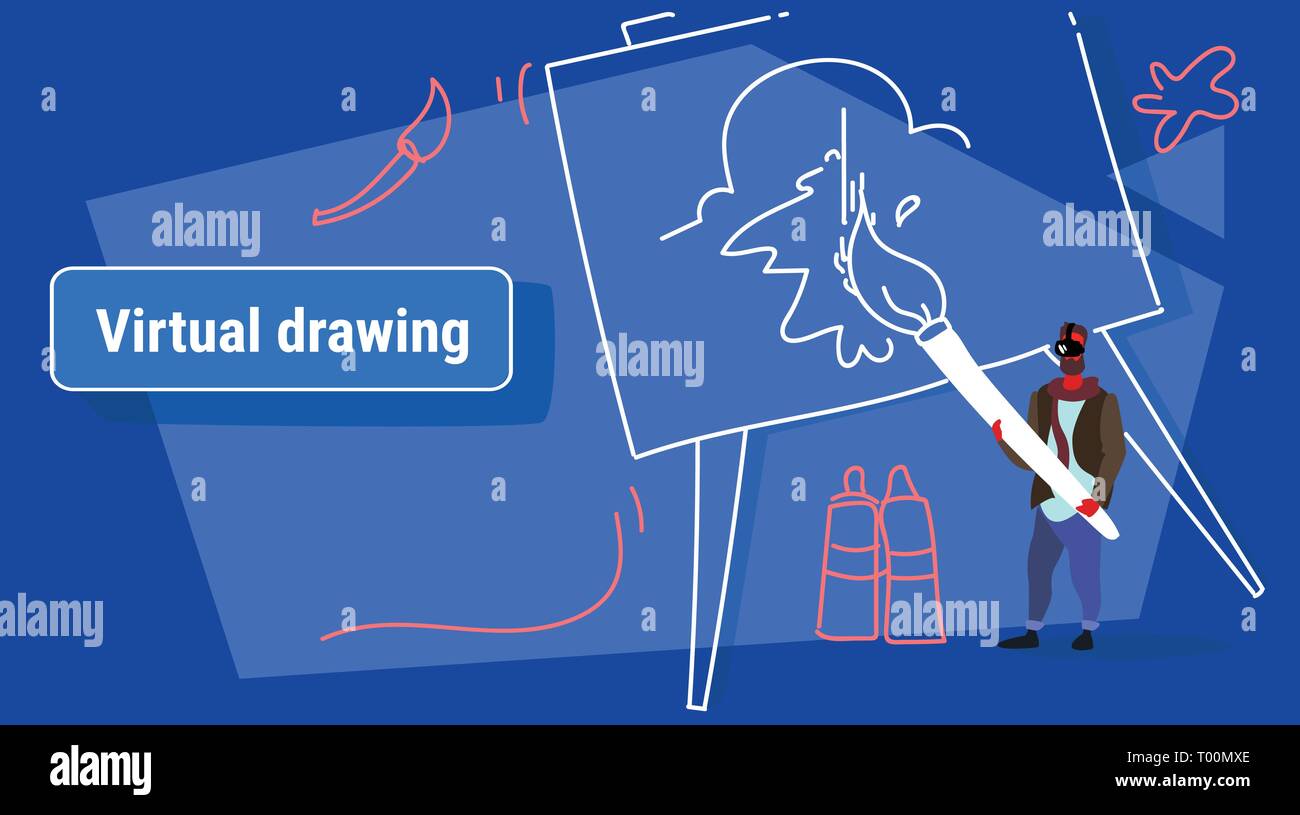 artist man wearing vr digital glasses holding paint brush male painter ...