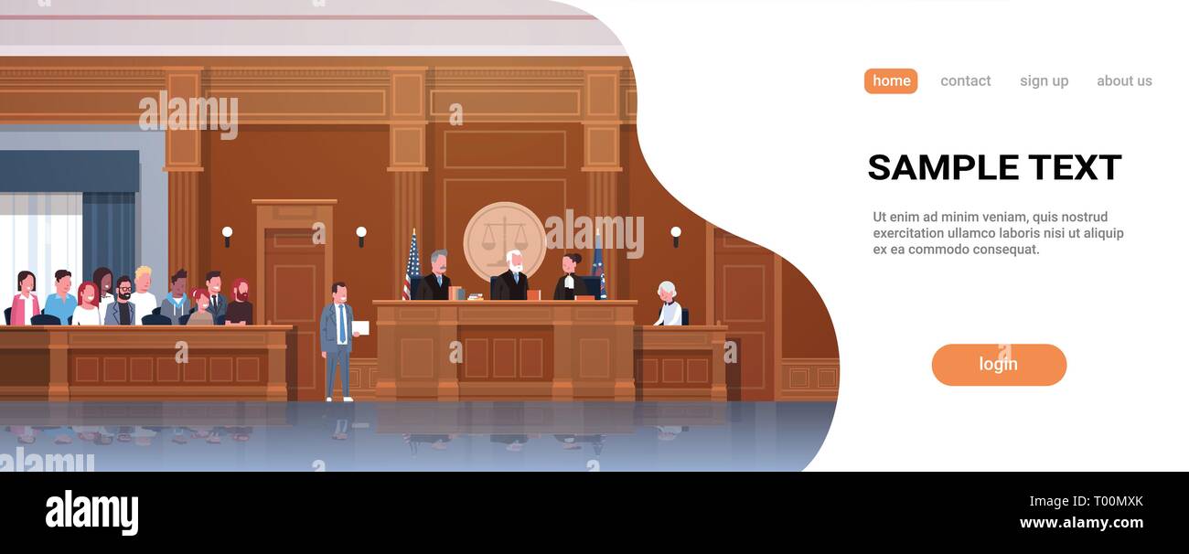 law process with judge jury suspect and lawyer or attorney giving a ...