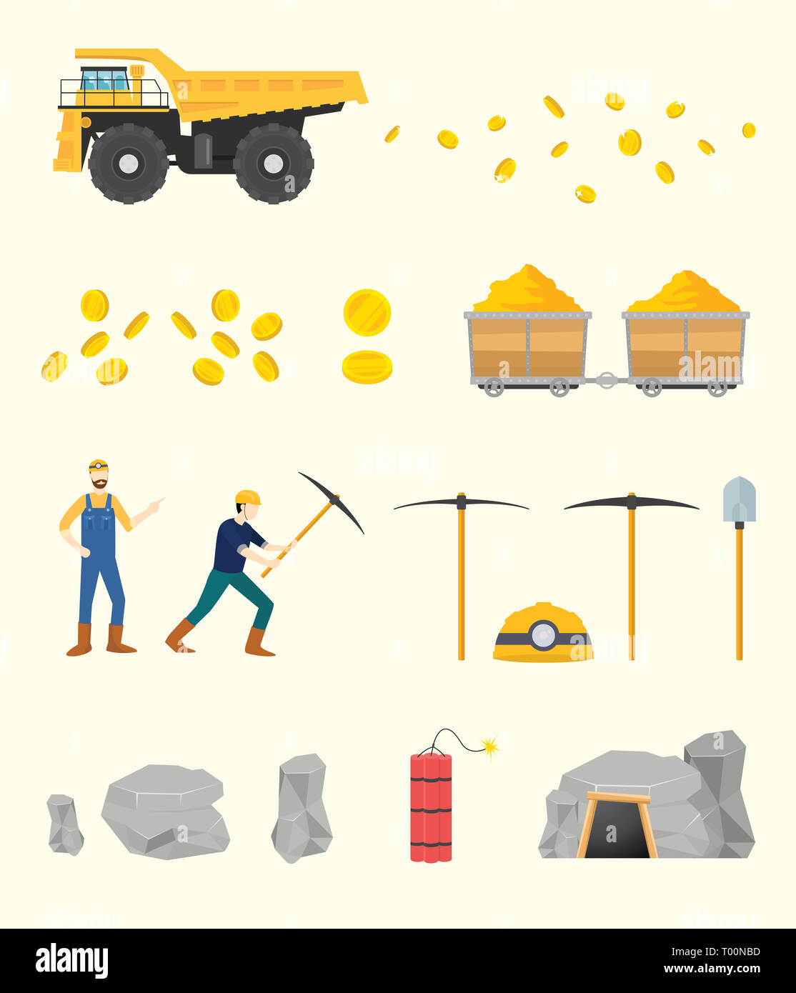 gold mining set collection objects with people and other tools - vector ...