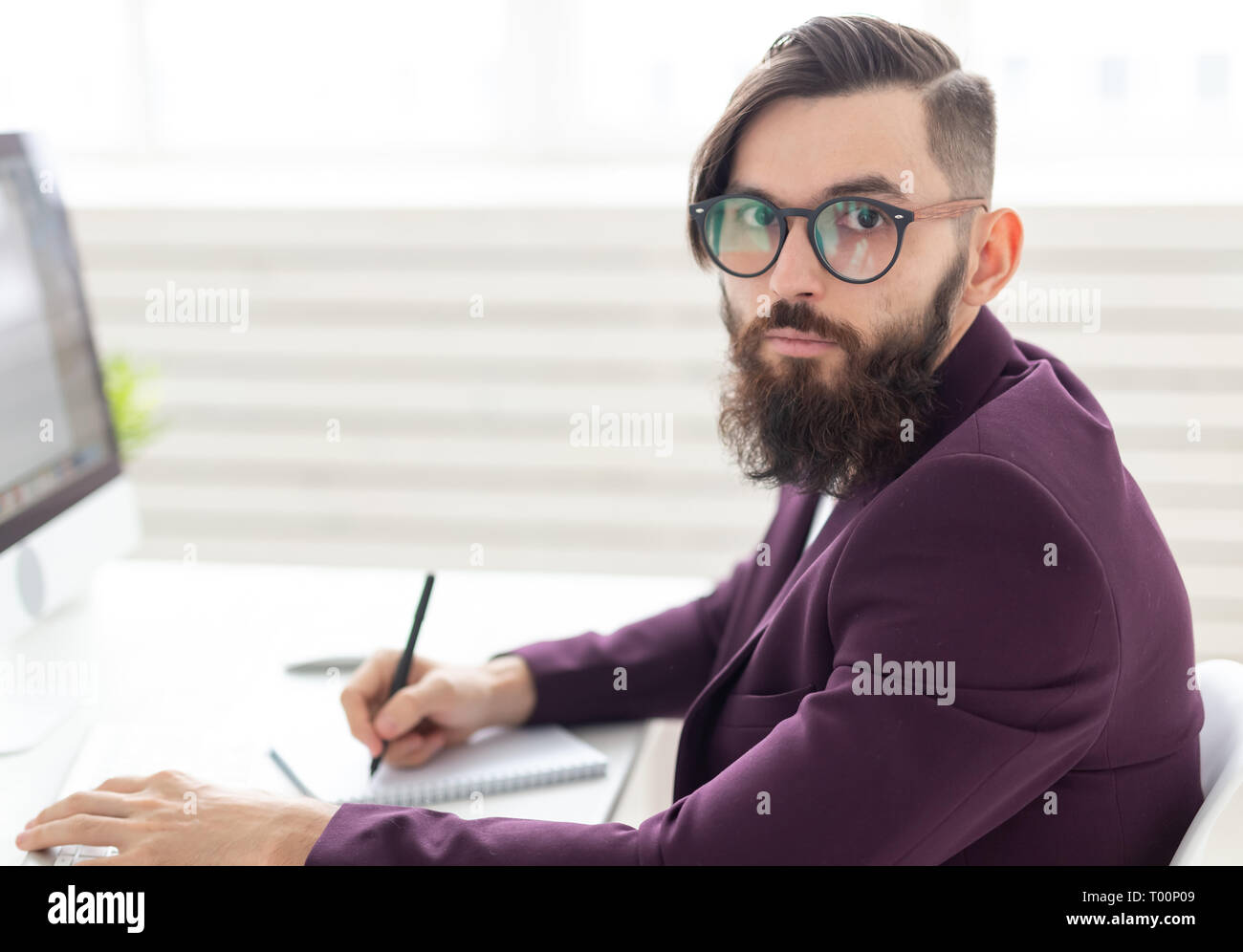 People and technology concept - Side view portrait of handsome man ...