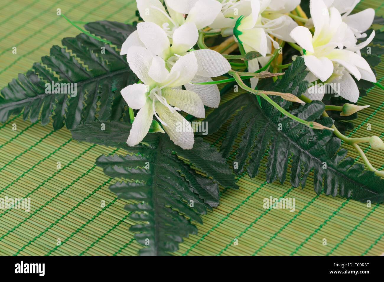 White fabric flowers on bamboo background, closeup picture Stock Photo ...