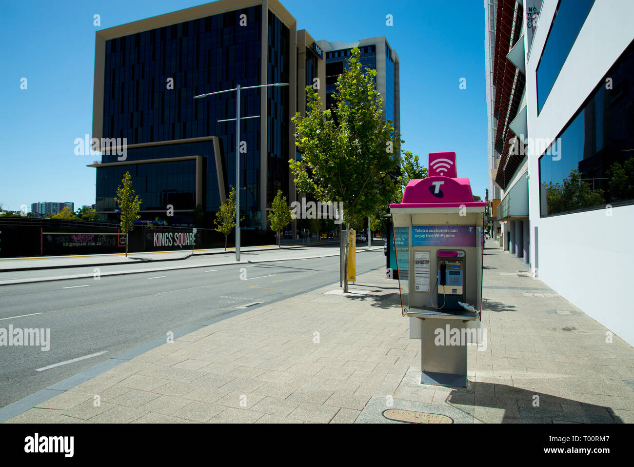 PERTH, AUSTRALIA - March 2, 2019: Telstra telephone booth on Wellington ...