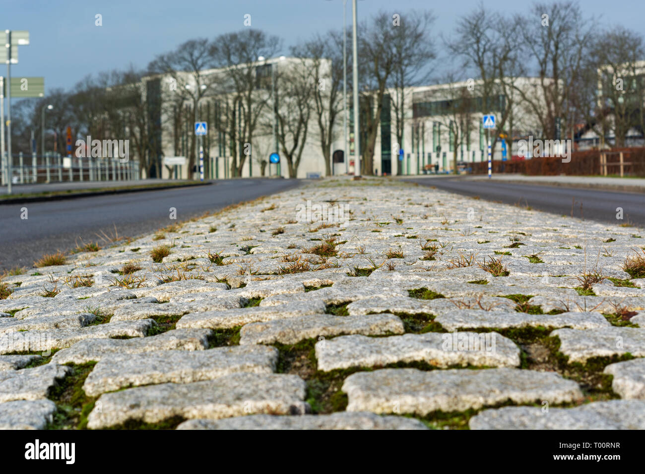 Stone strip between roads city day close up Stock Photo - Alamy