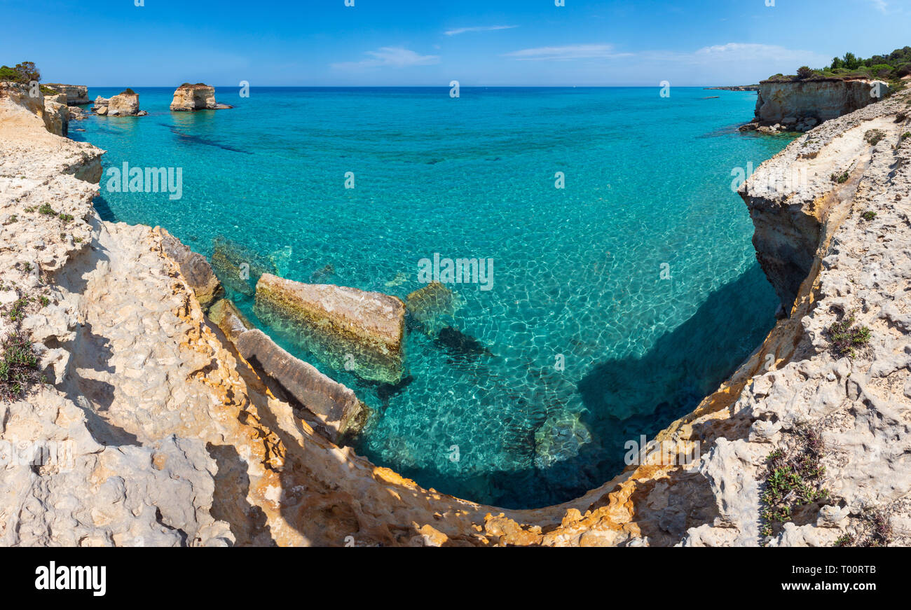 Picturesque seascape with white rocky cliffs, sea bay, islets and ...