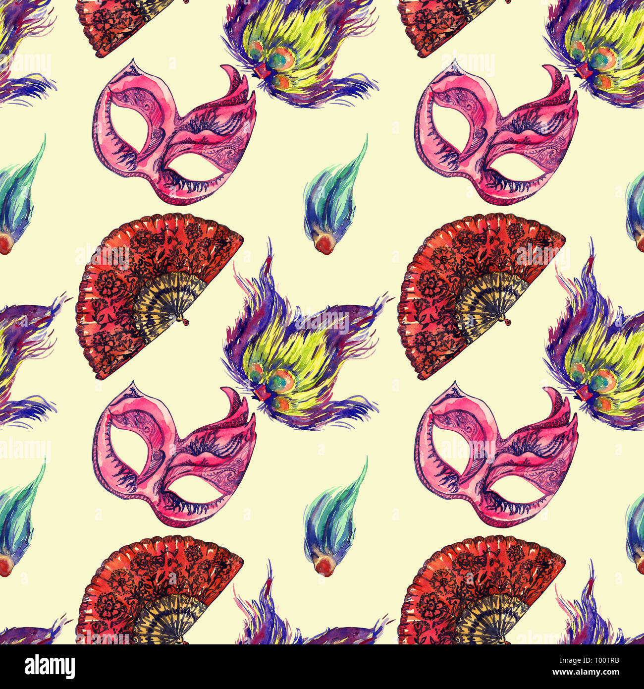 Pink carnival mask with dark blue ornament, red Spanish fan and peacock ...