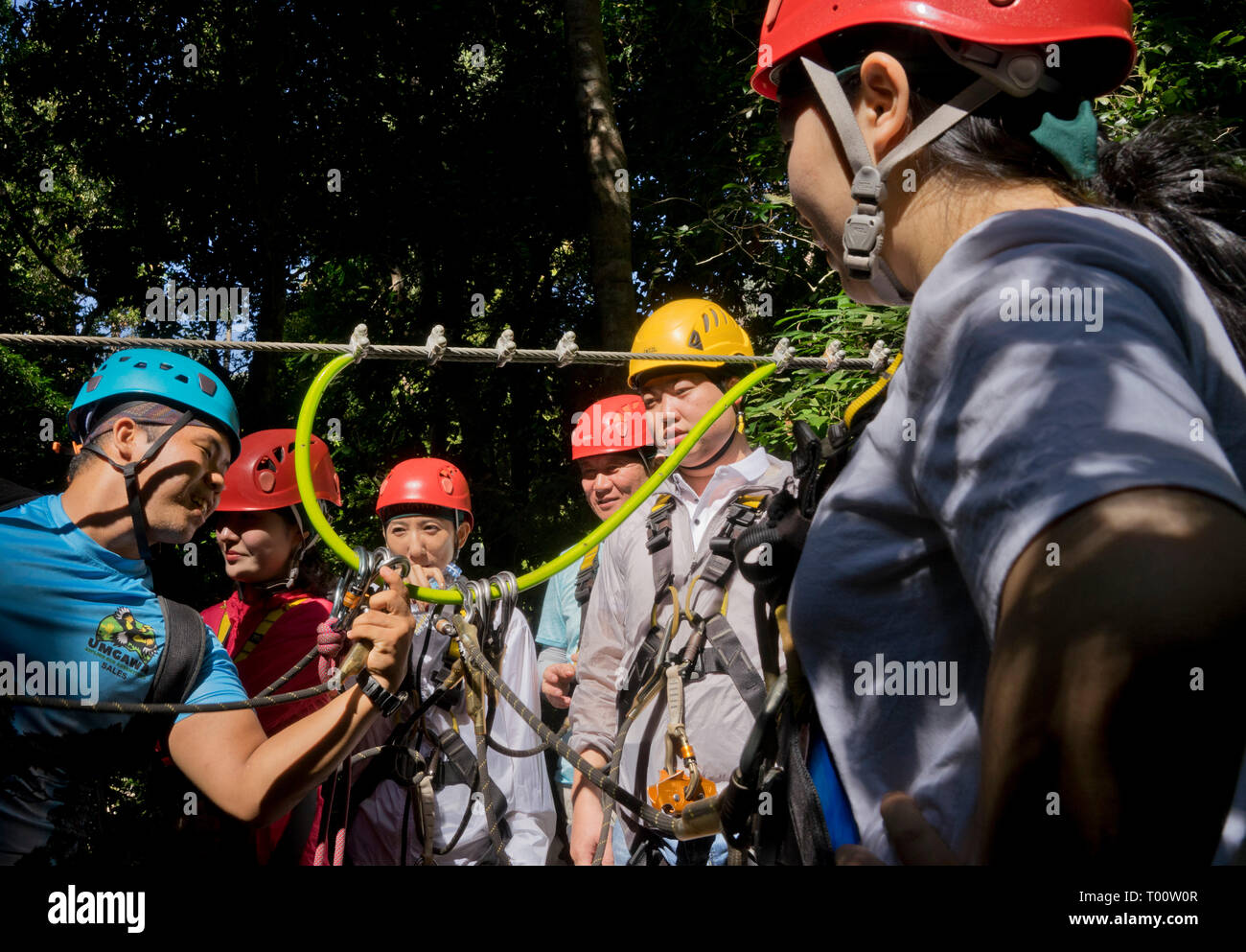Asian tourists with instructor on an obstacle course in the nature ...