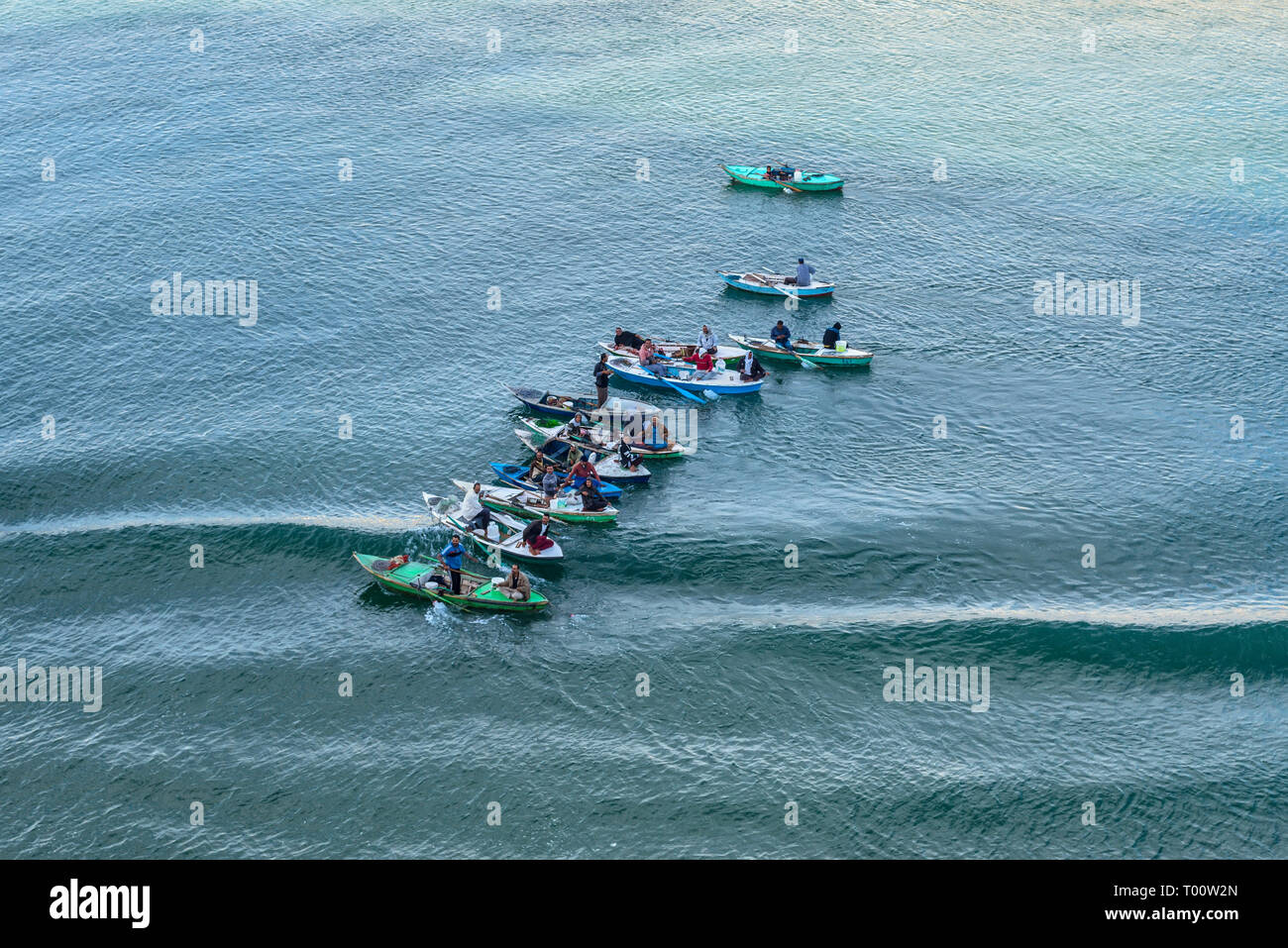 El Qantara, Egypt - November 5, 2017: Fishermen in wooden boats on the ...