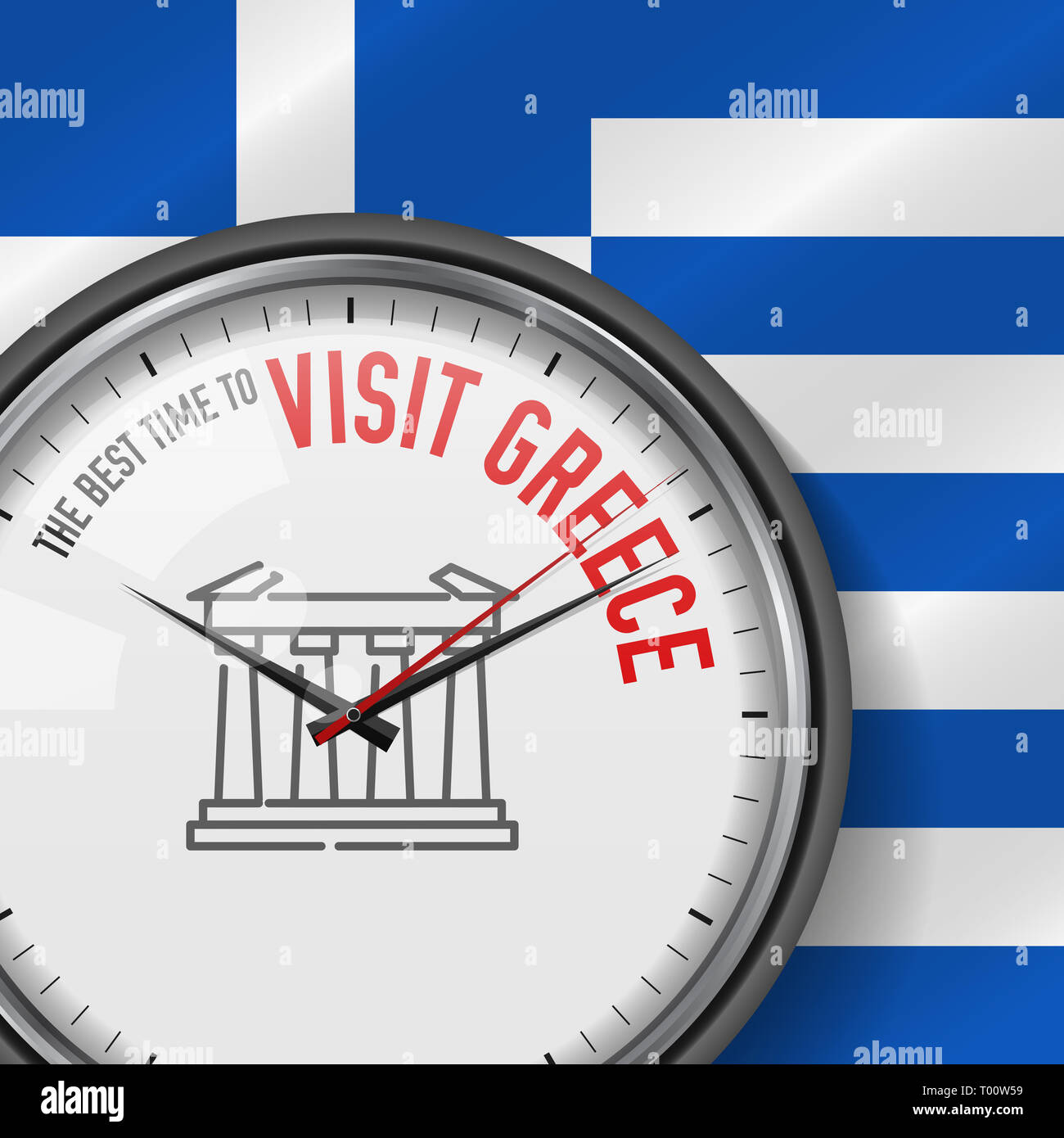 The Best Time for Visit Greece. White Clock with Motivational Slogan ...