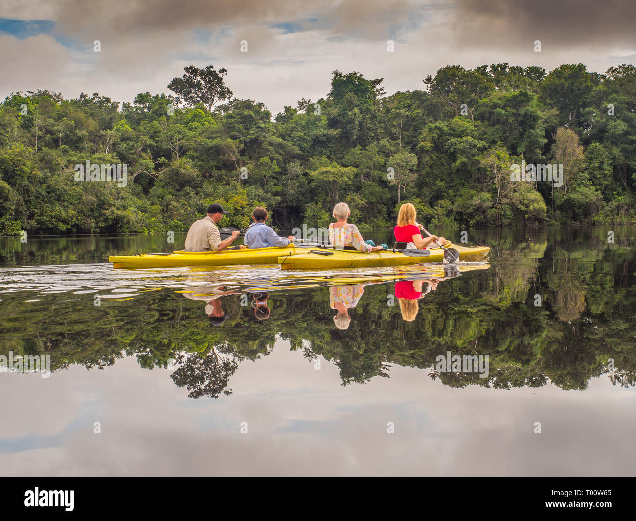 Jungle, Brazil - Dec 07, 2017: The group of kayakers flowing down the ...