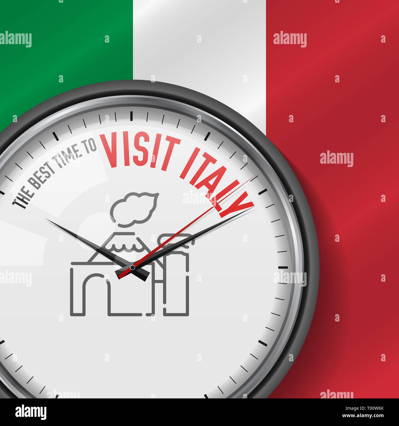 The Best Time for Visit Italy. White Clock with Motivational Slogan ...