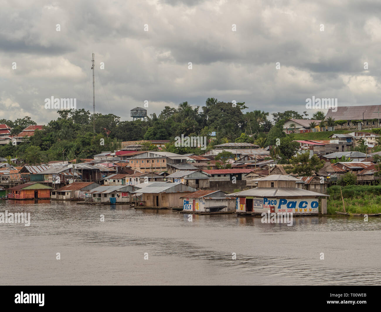 Pebas, Peru - December 04 , 2018: View of village on the bank of the ...