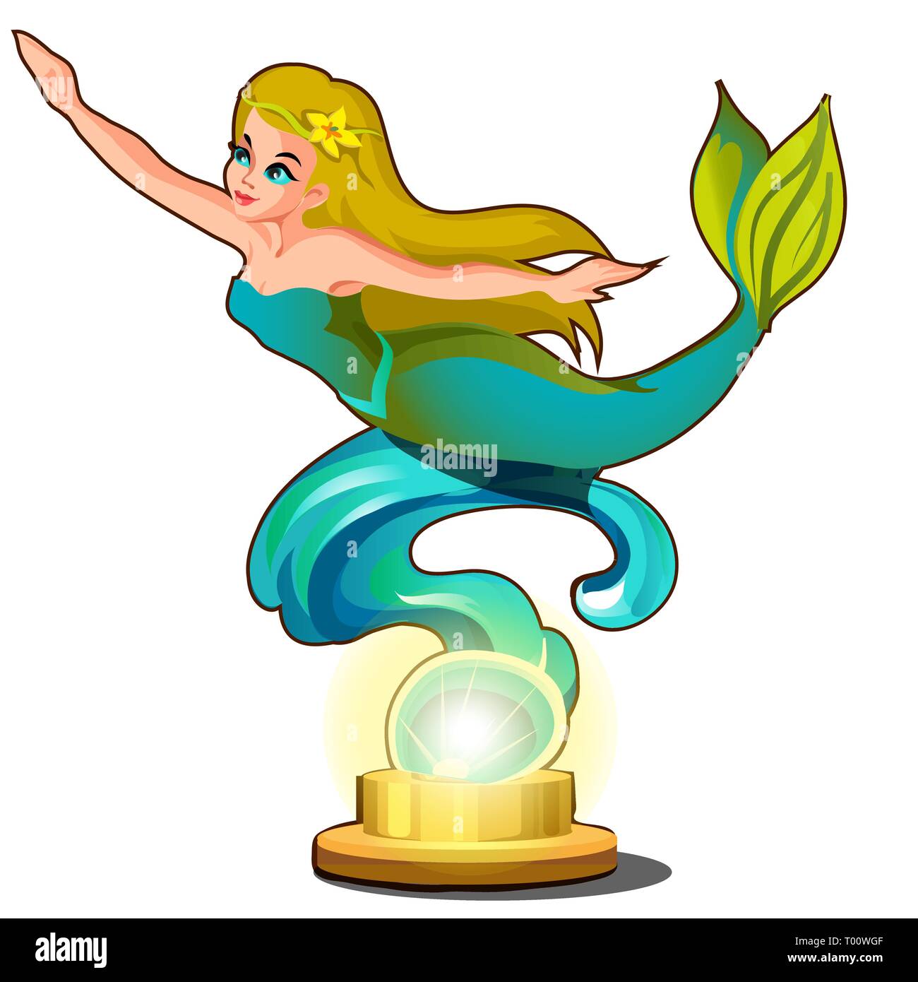 Statue of a young beautiful mermaid girl isolated on white background. Vector cartoon close-up ...