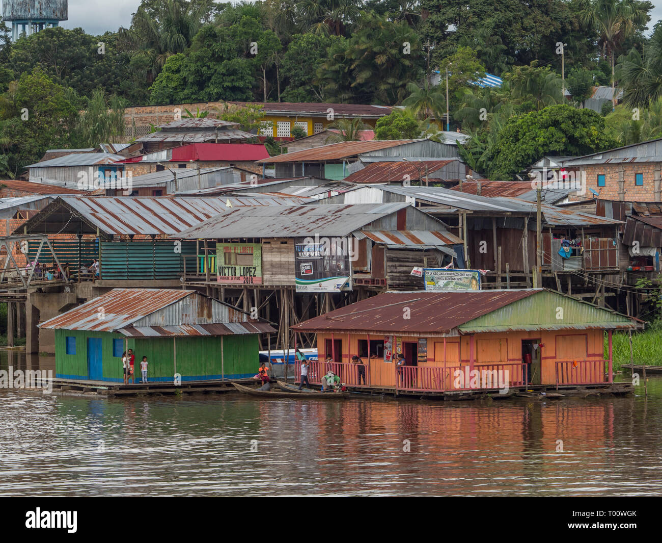 Pebas, Peru - December 04 , 2018: View of village on the bank of the ...