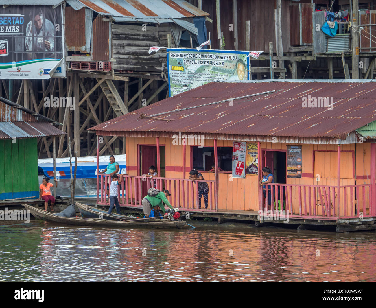 Pebas, Peru - December 04 , 2018: View of village on the bank of the ...