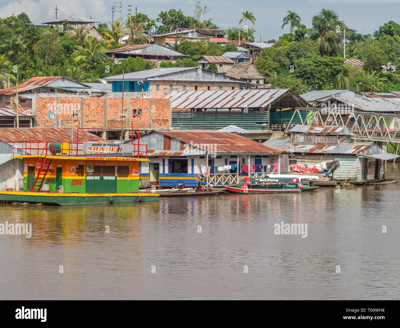 Pebas, Peru - December 04 , 2018: View of village on the bank of the ...