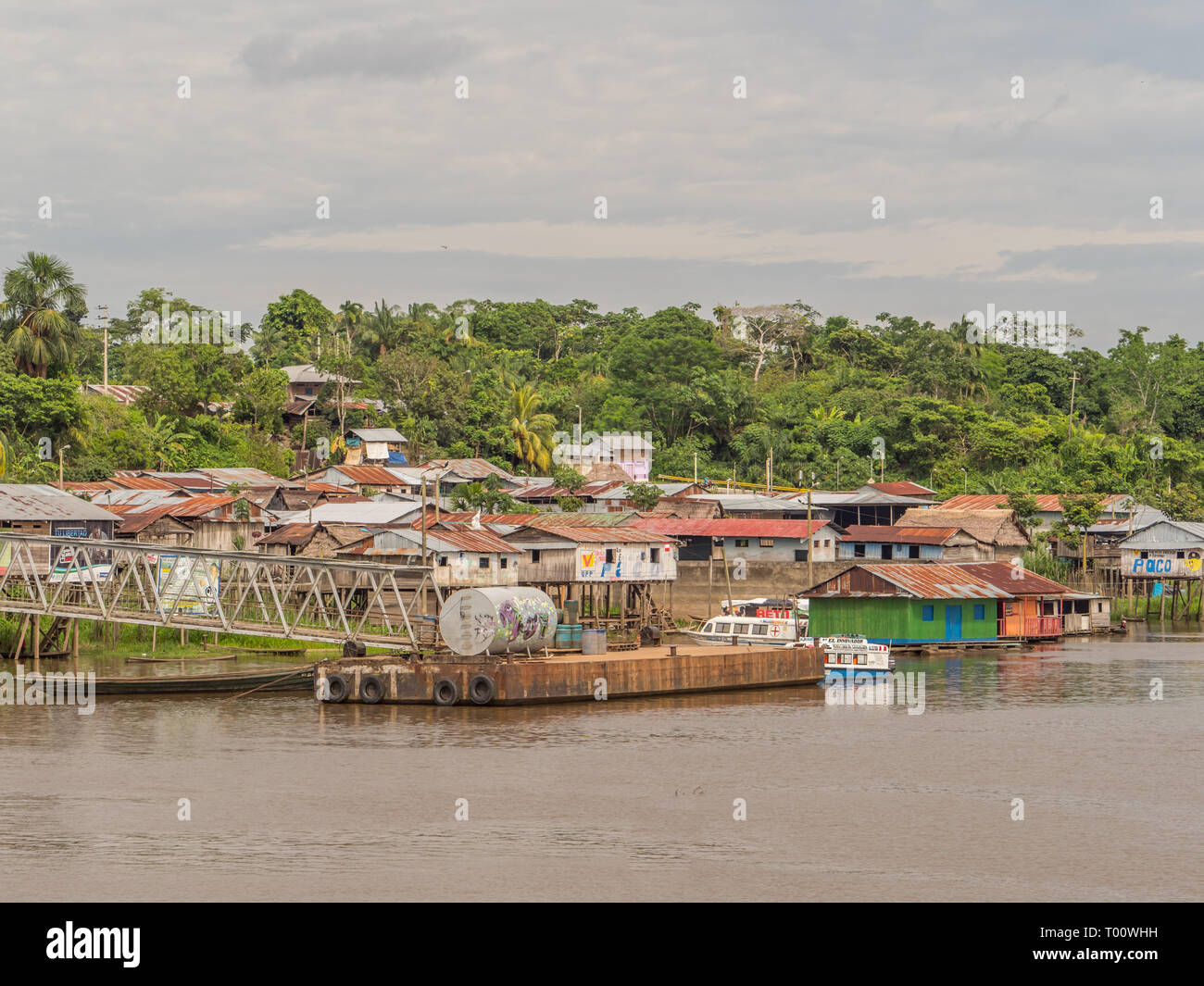 Pebas, Peru - December 04 , 2018: View of village on the bank of the ...