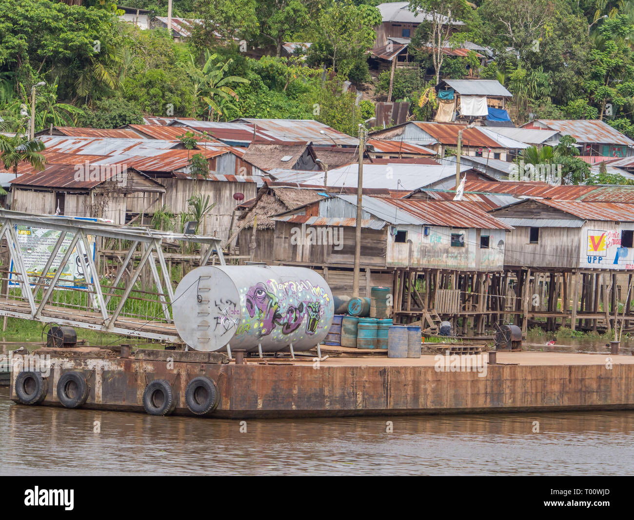 Pebas, Peru - December 04 , 2018: View of village on the bank of the ...