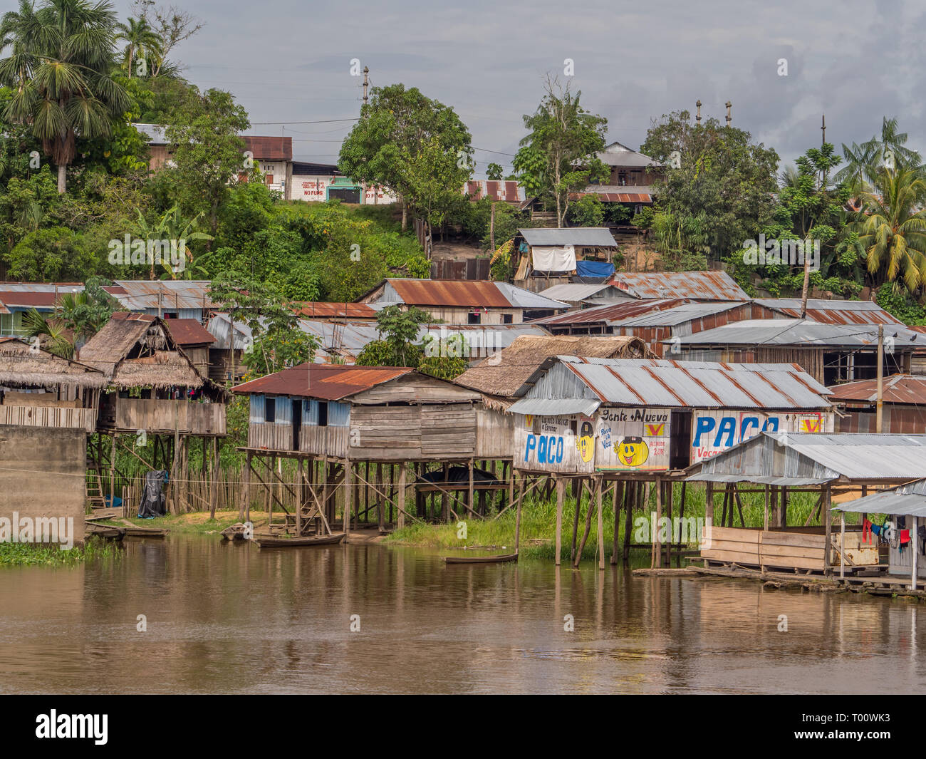 Pebas, Peru - December 04 , 2018: View of village on the bank of the ...