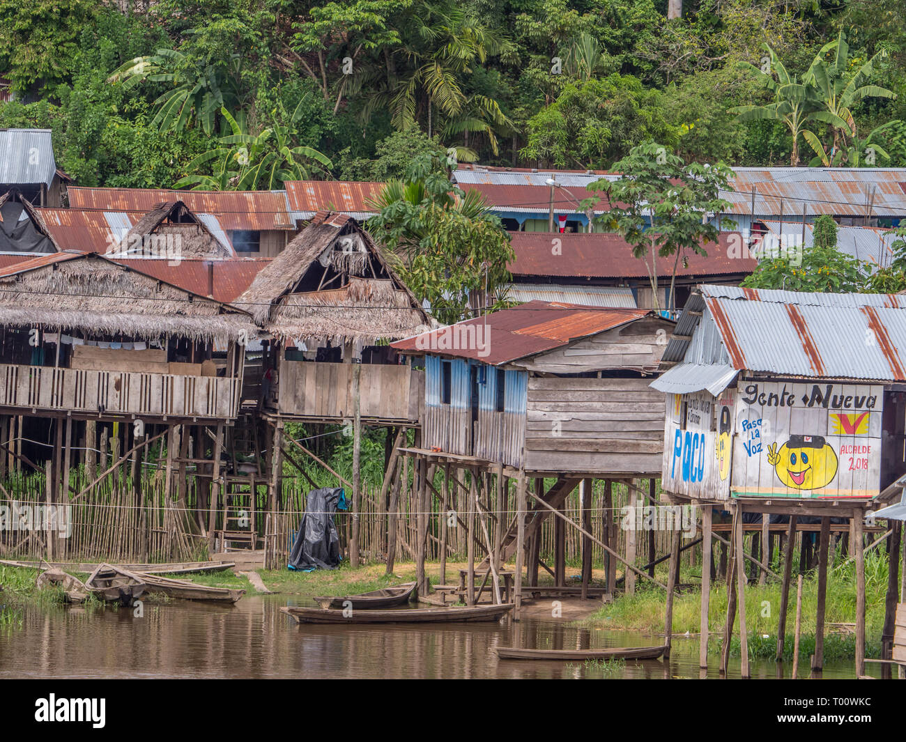 Pebas, Peru - December 04 , 2018: View of village on the bank of the ...
