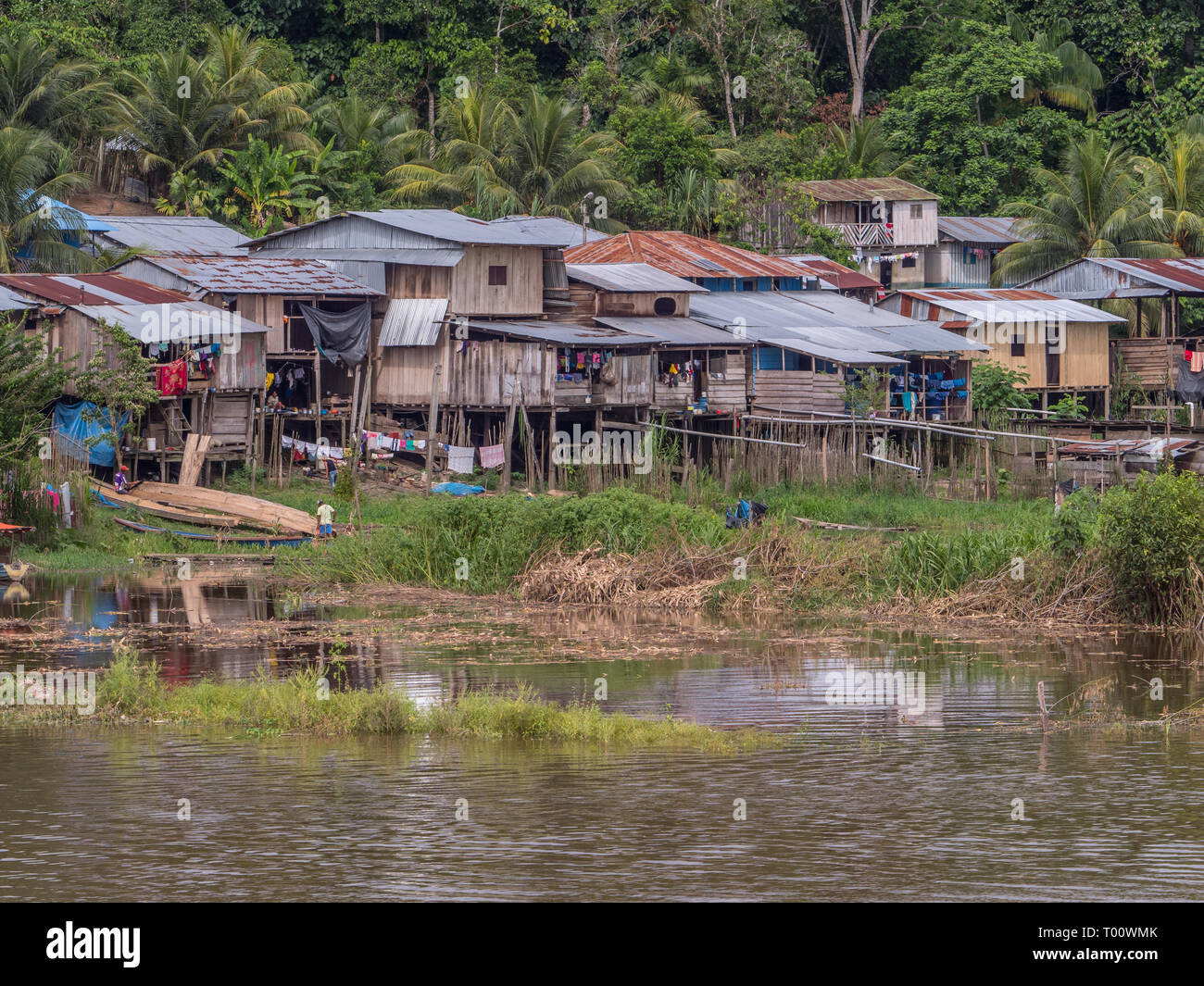 Pebas, Peru - December 04 , 2018: View of village on the bank of the ...