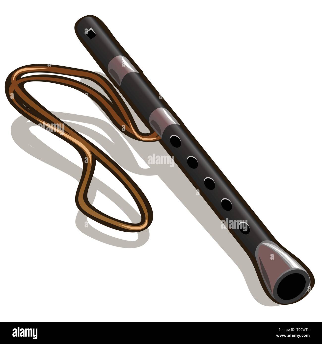 Black flute isolated on white background. Vector cartoon close-up ...