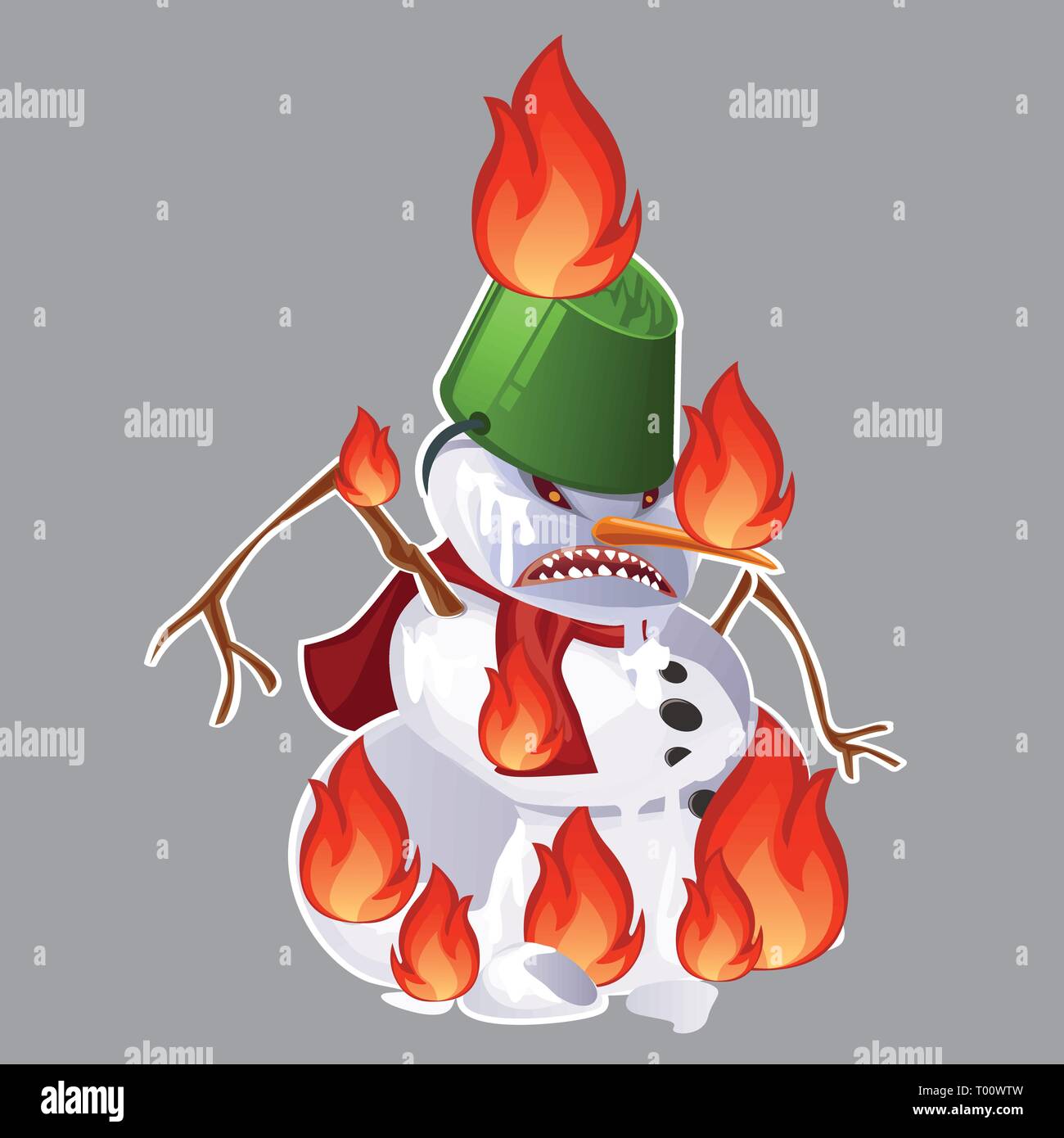 Angry aggressive toothy snowman is burning in the fire isolated on grey ...