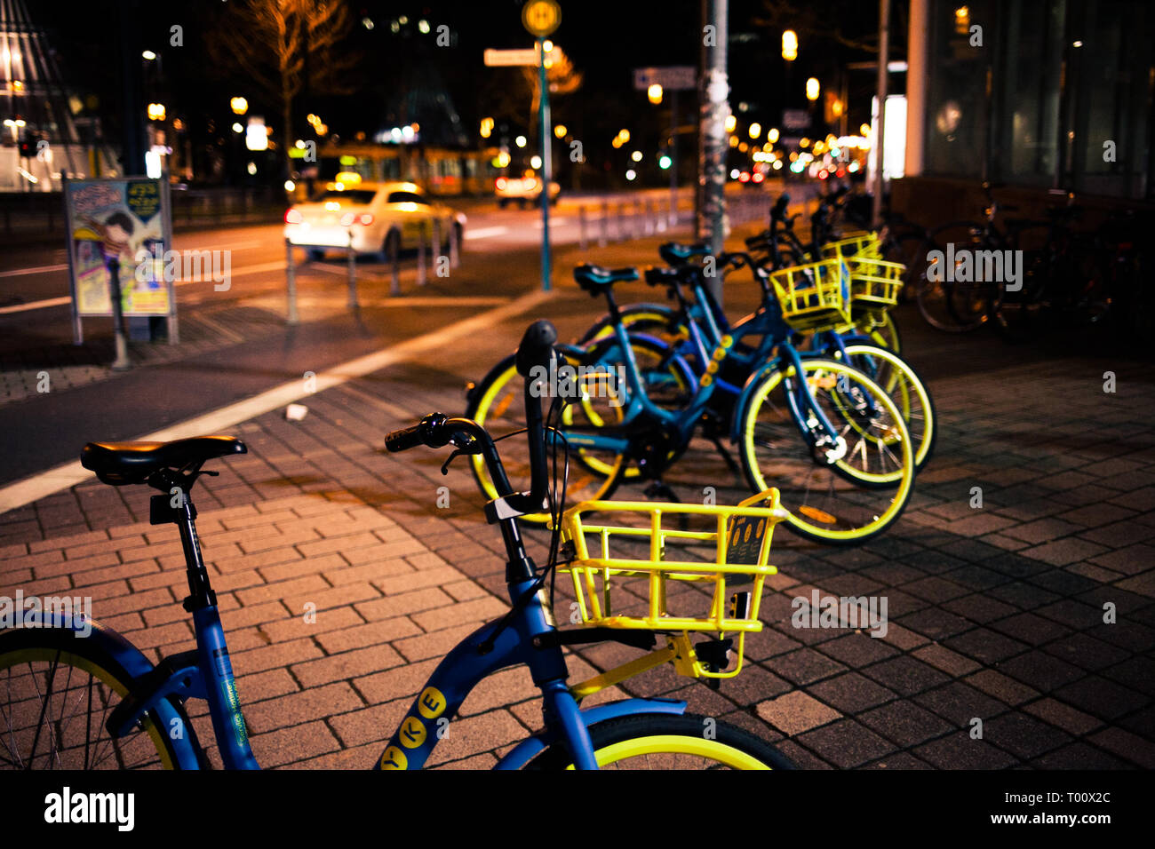 Night city view on city bike and streets light. Travel concept. Close ...