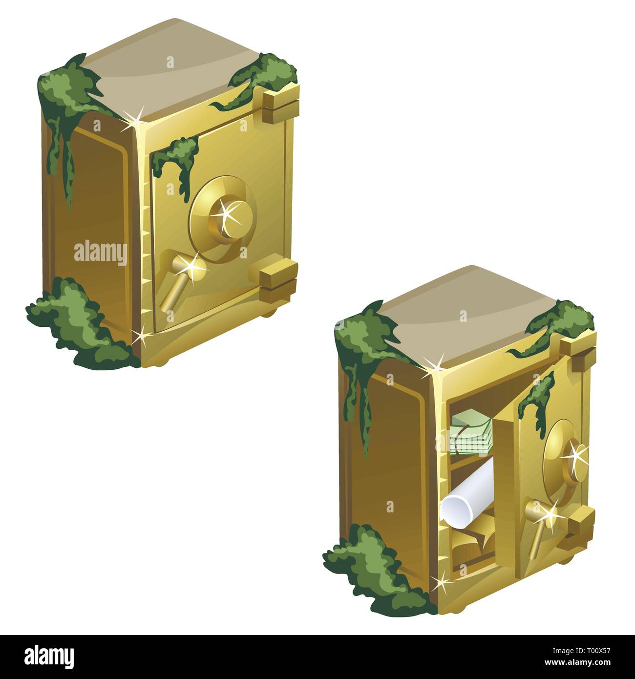 Sunken golden safe with documents isolated on white background. Vector ...