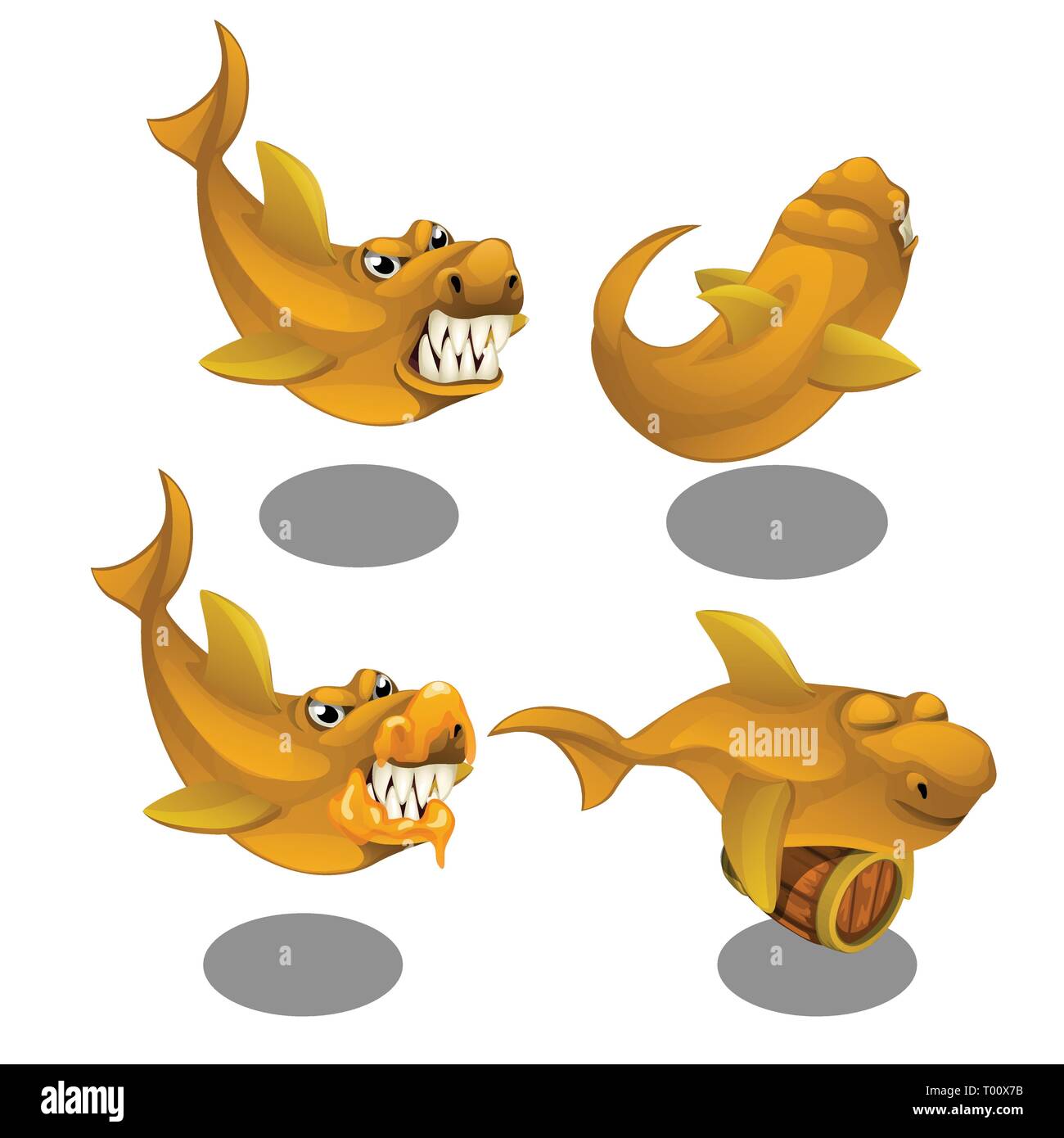 Funny toothy fish with a wooden barrel isolated on white background ...