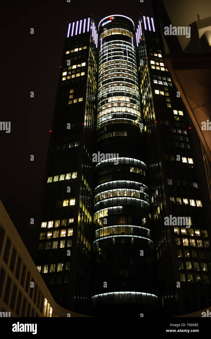 Bright view on the night city and skyscraper. Night lights in the ...