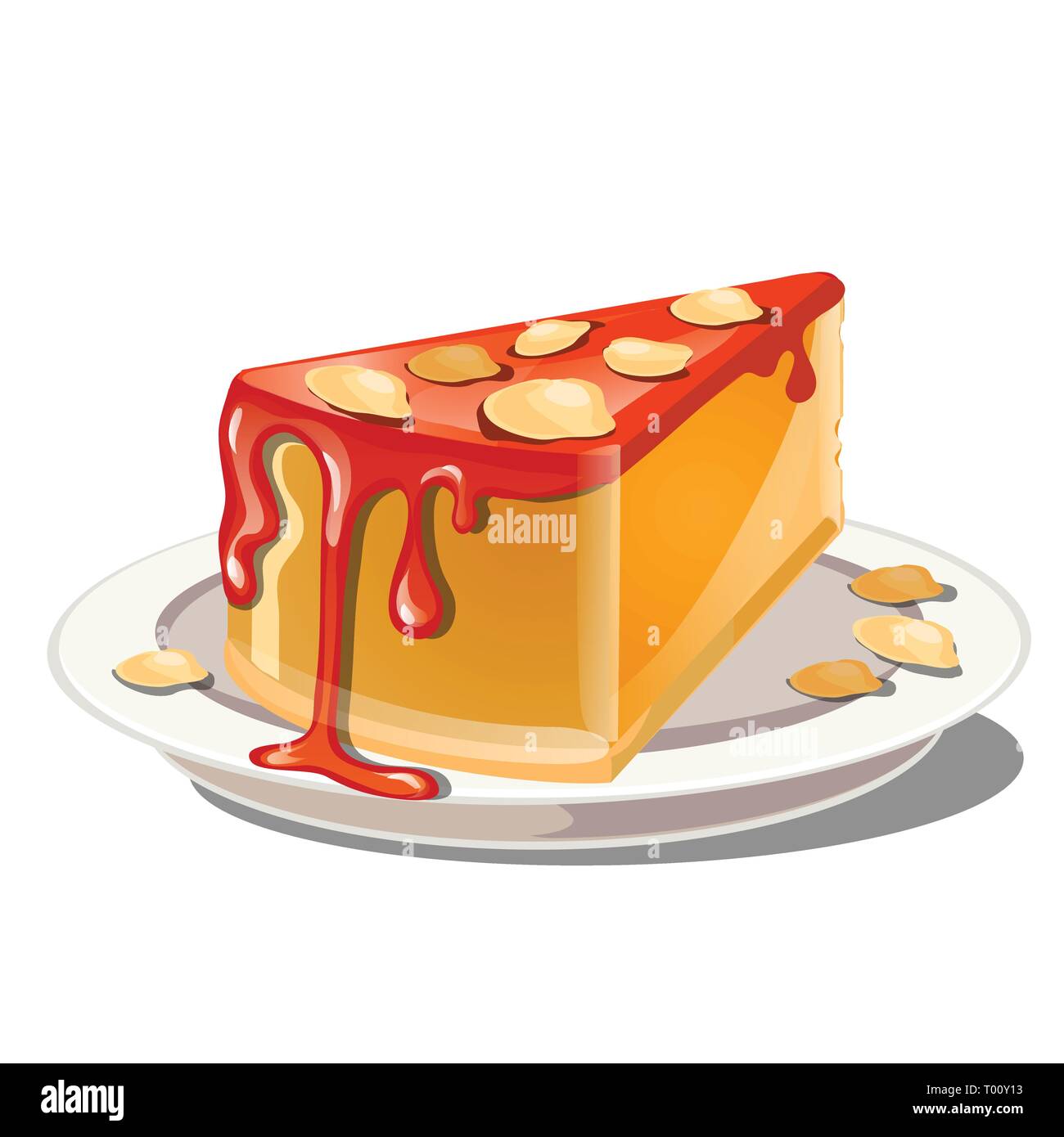 A slice of pumpkin pudding or cheesecake with red topping and crumble ...