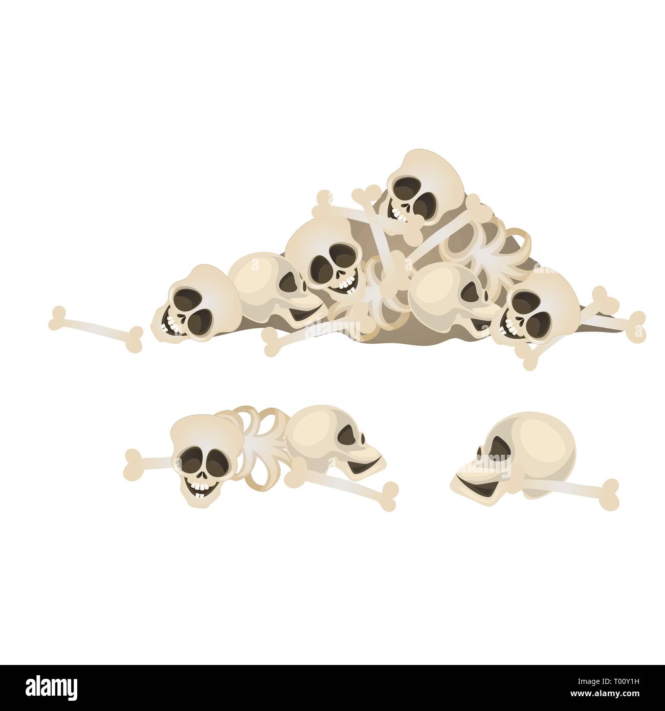 Set of human skulls and bones lying in a heap isolated on white ...