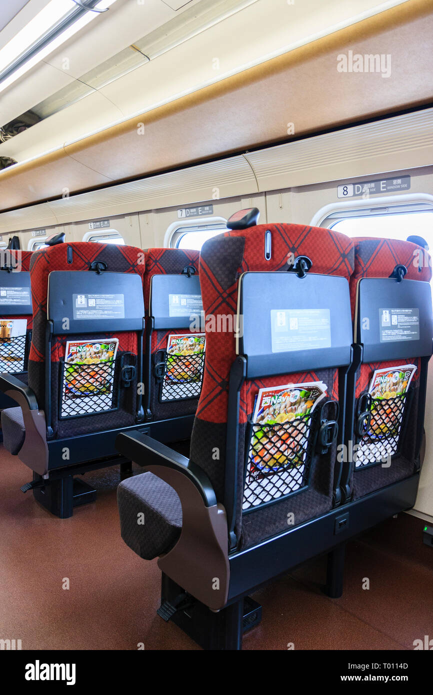 Hokurikui shinkansen bullet train, interior of train carriage showing regular class seating ...