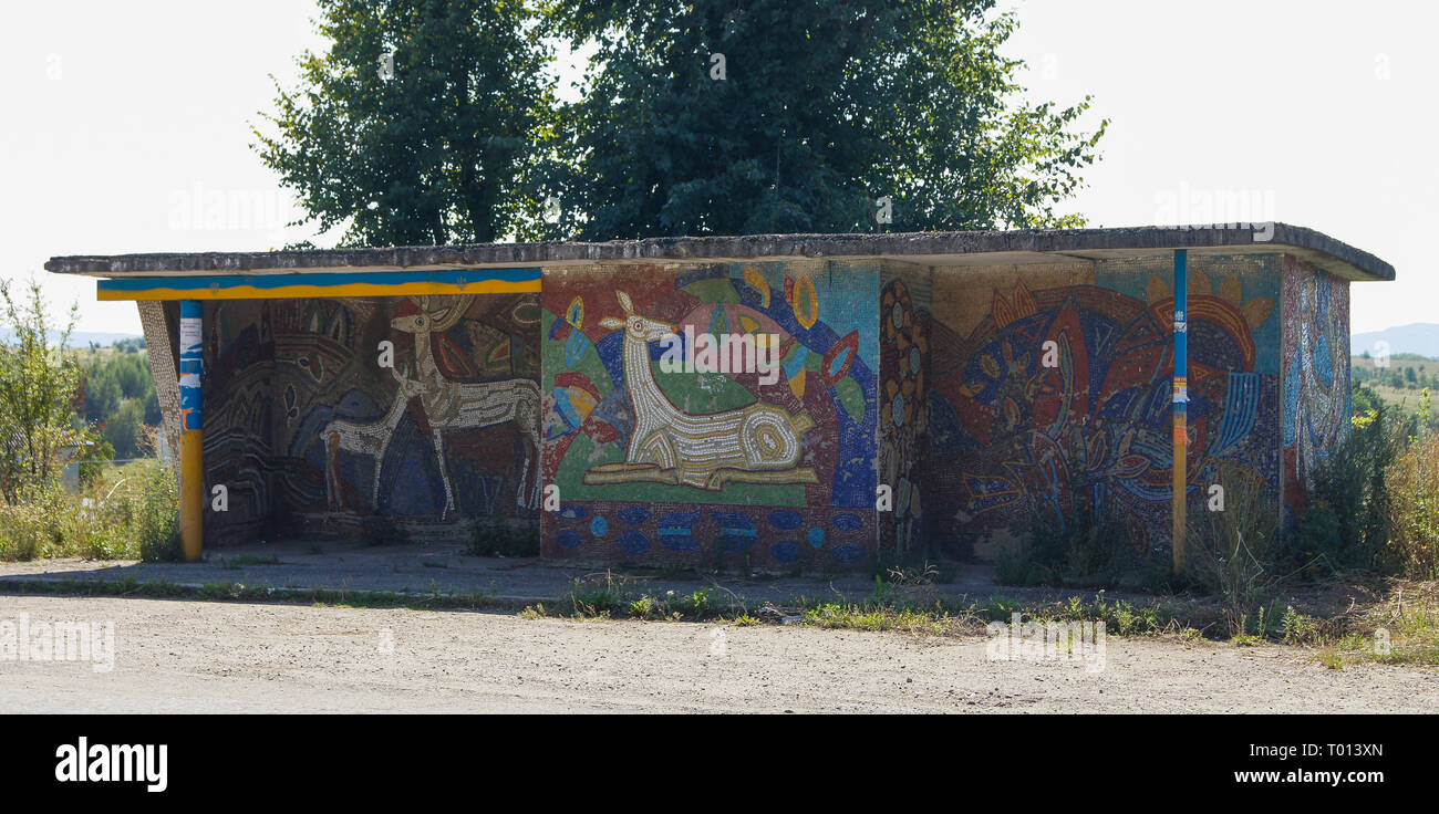 Old USSR mosaic on bus stop in Western Ukraine. Europe Stock Photo - Alamy
