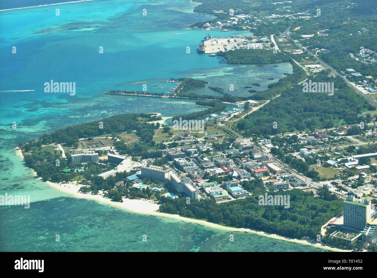 Aerial view showing the commercial district of Garapan and coastal ...