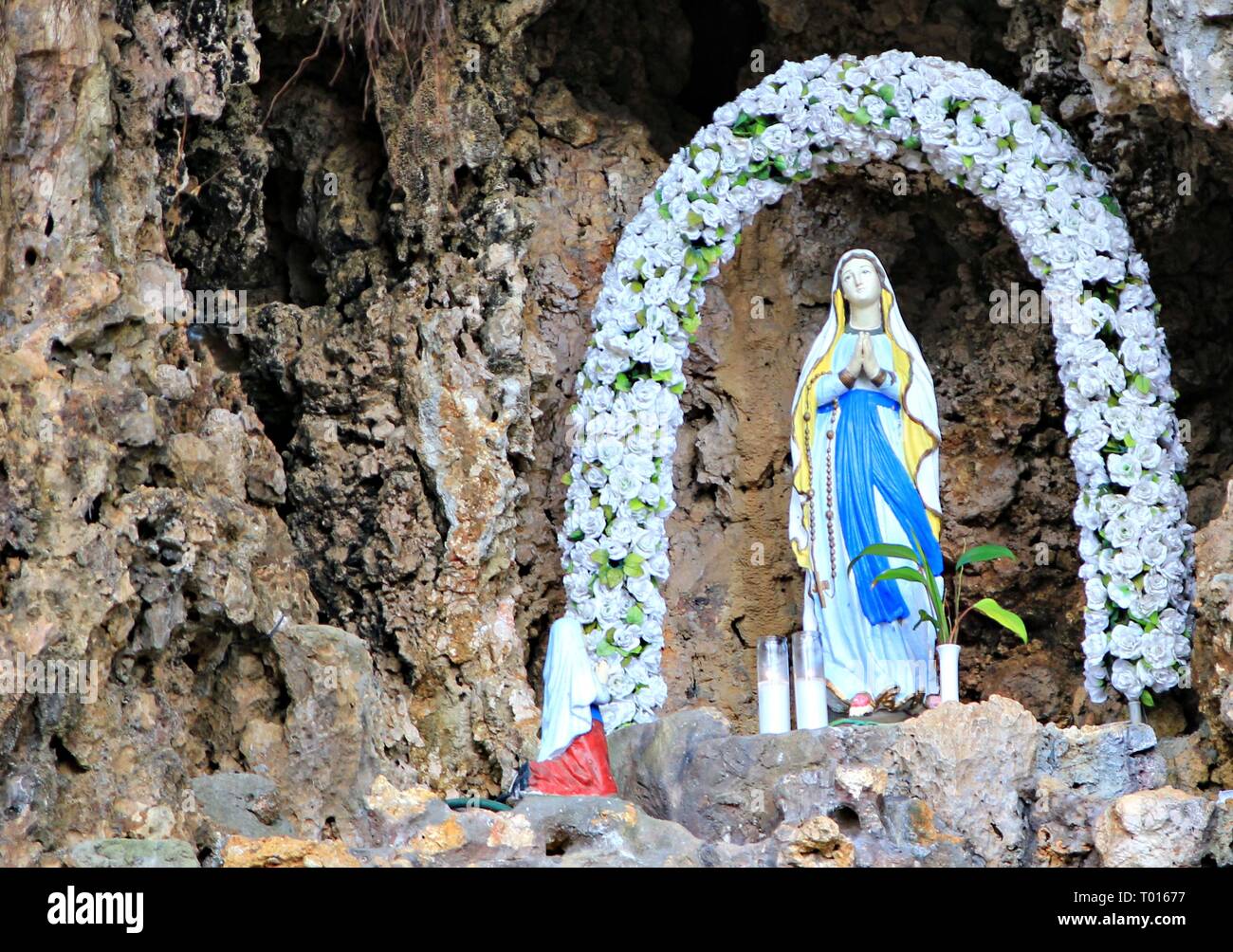 Statue of the Blessed Virgin Mary with an arch of roses in a grotto ...