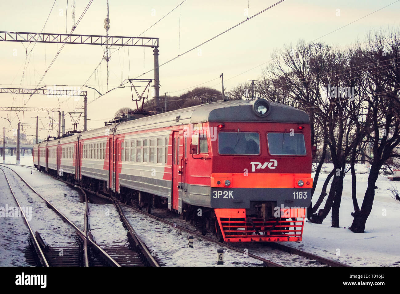 Train on the platform. Electric train on the railway. Russian railway ...