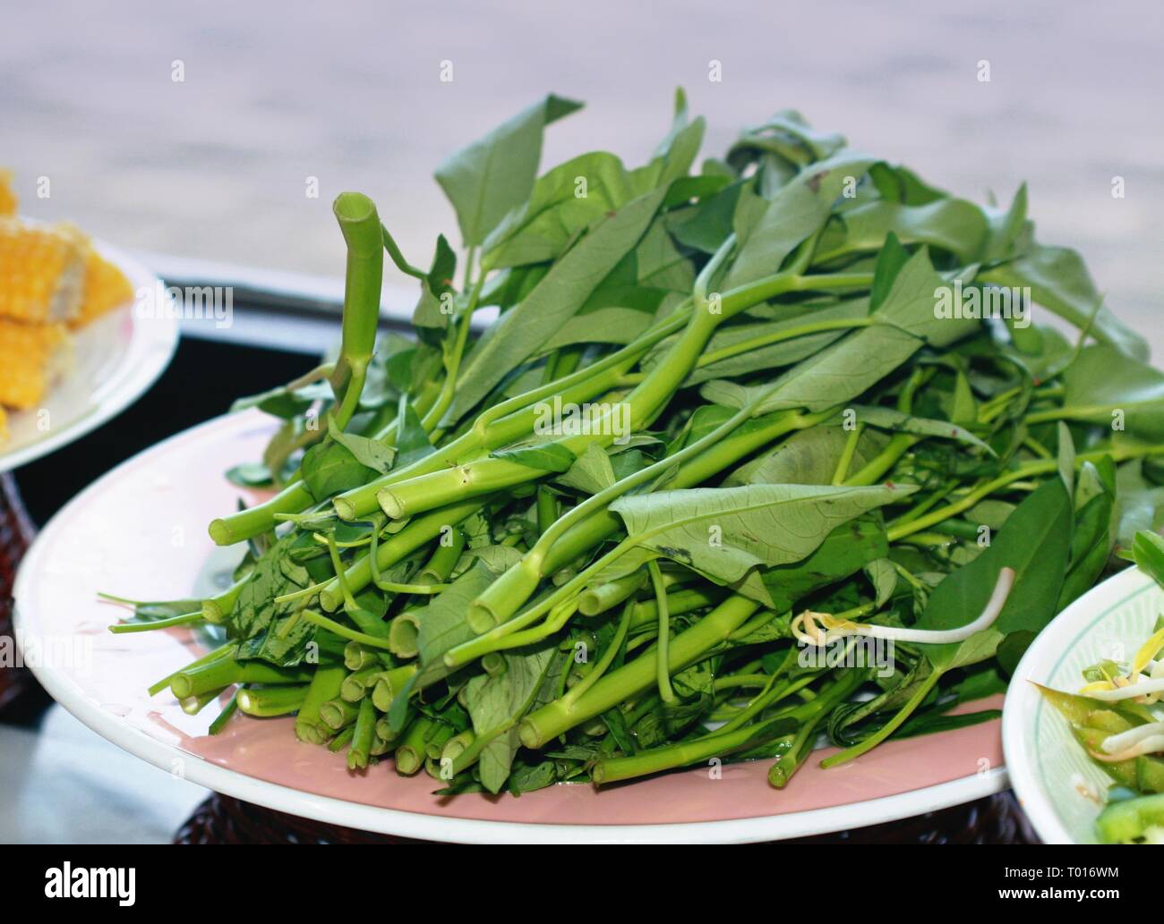 Kangkong or water spinach freshly harvested and placed in a round plate ...