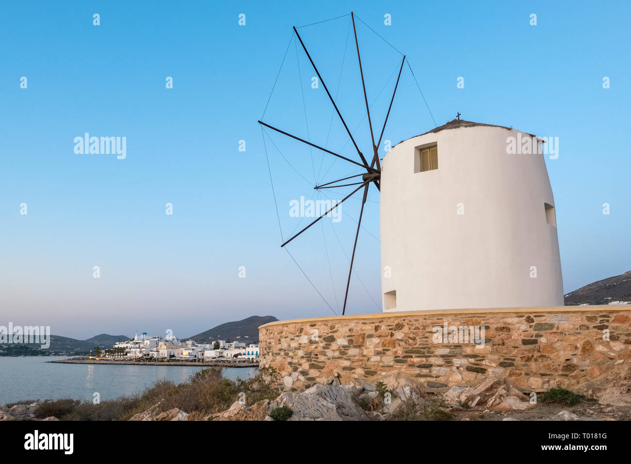 Traditional cycladic windmill at sunset on Paros island, Cyclades ...