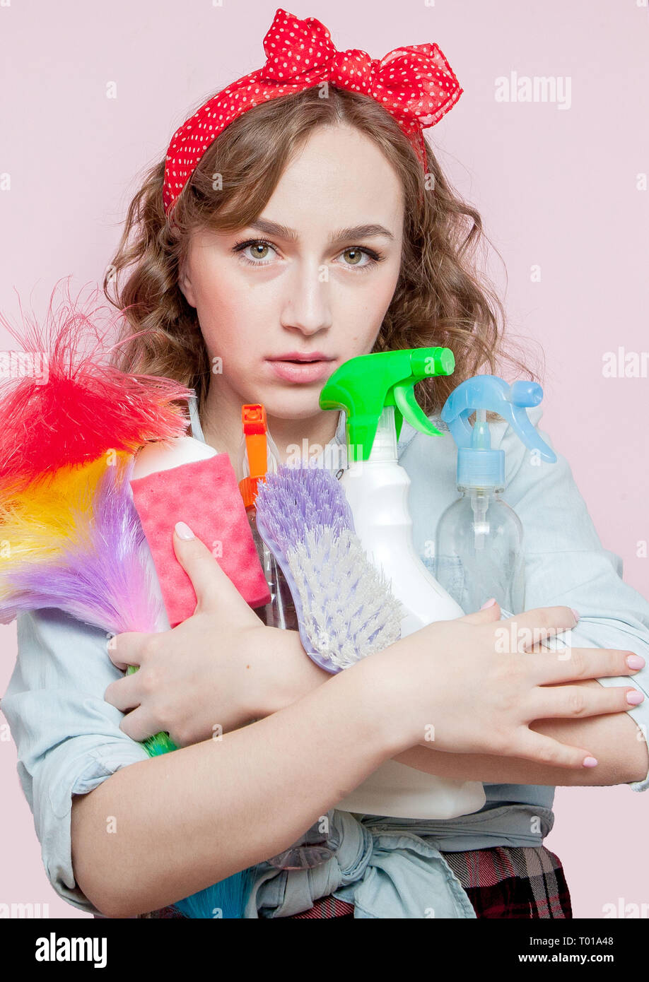 Beautiful young woman with pin-up make-up and hairstyle with cleaning ...