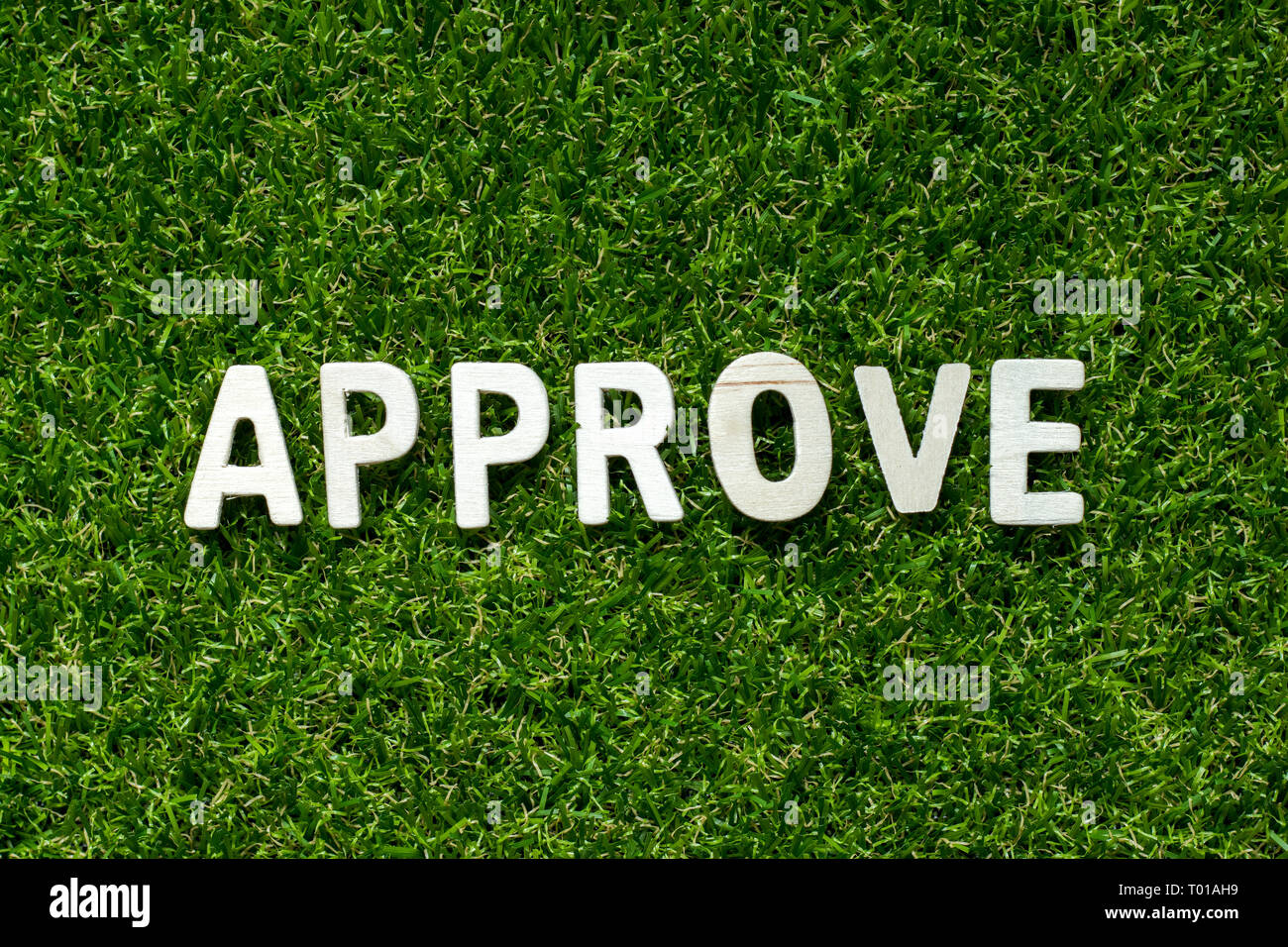 Wood alphabet in word approve on artificial green grass background ...