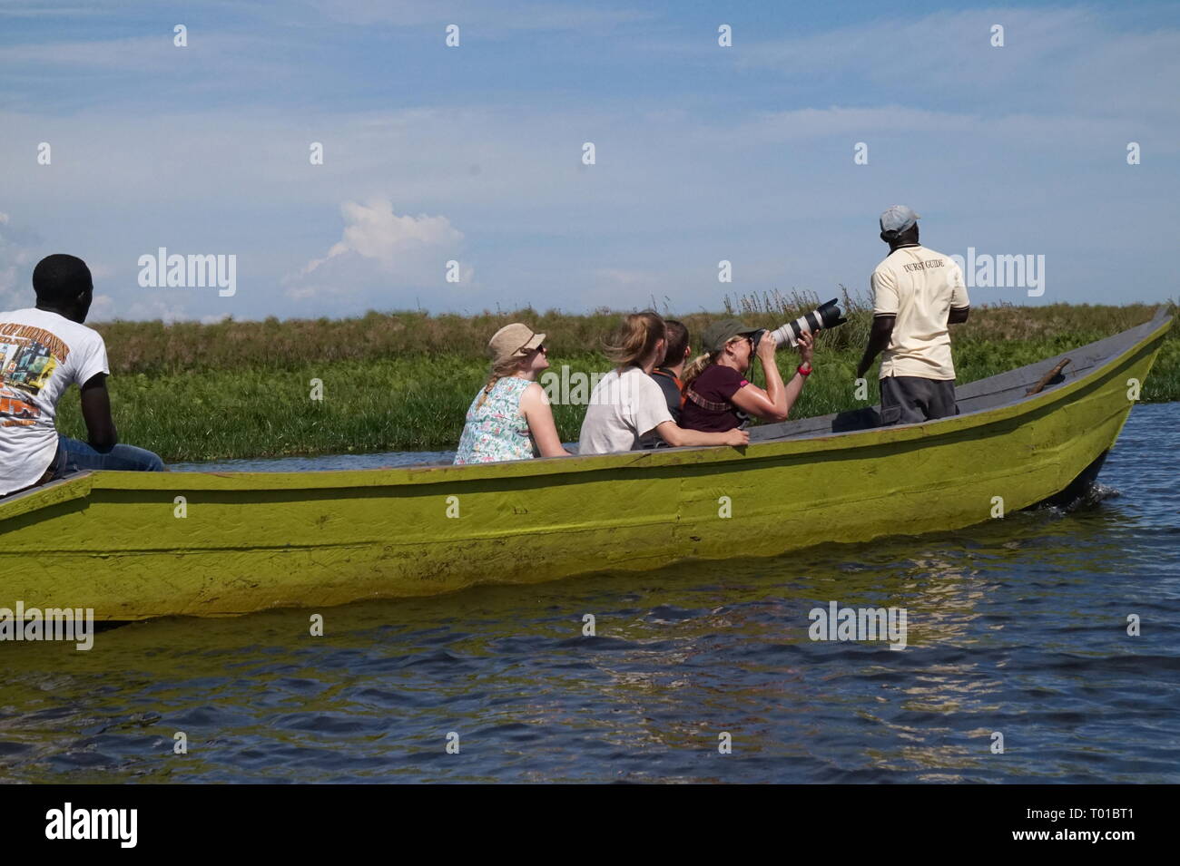Tourists on a boat tour of Mabamba Bay Wetland System, Uganda Stock ...