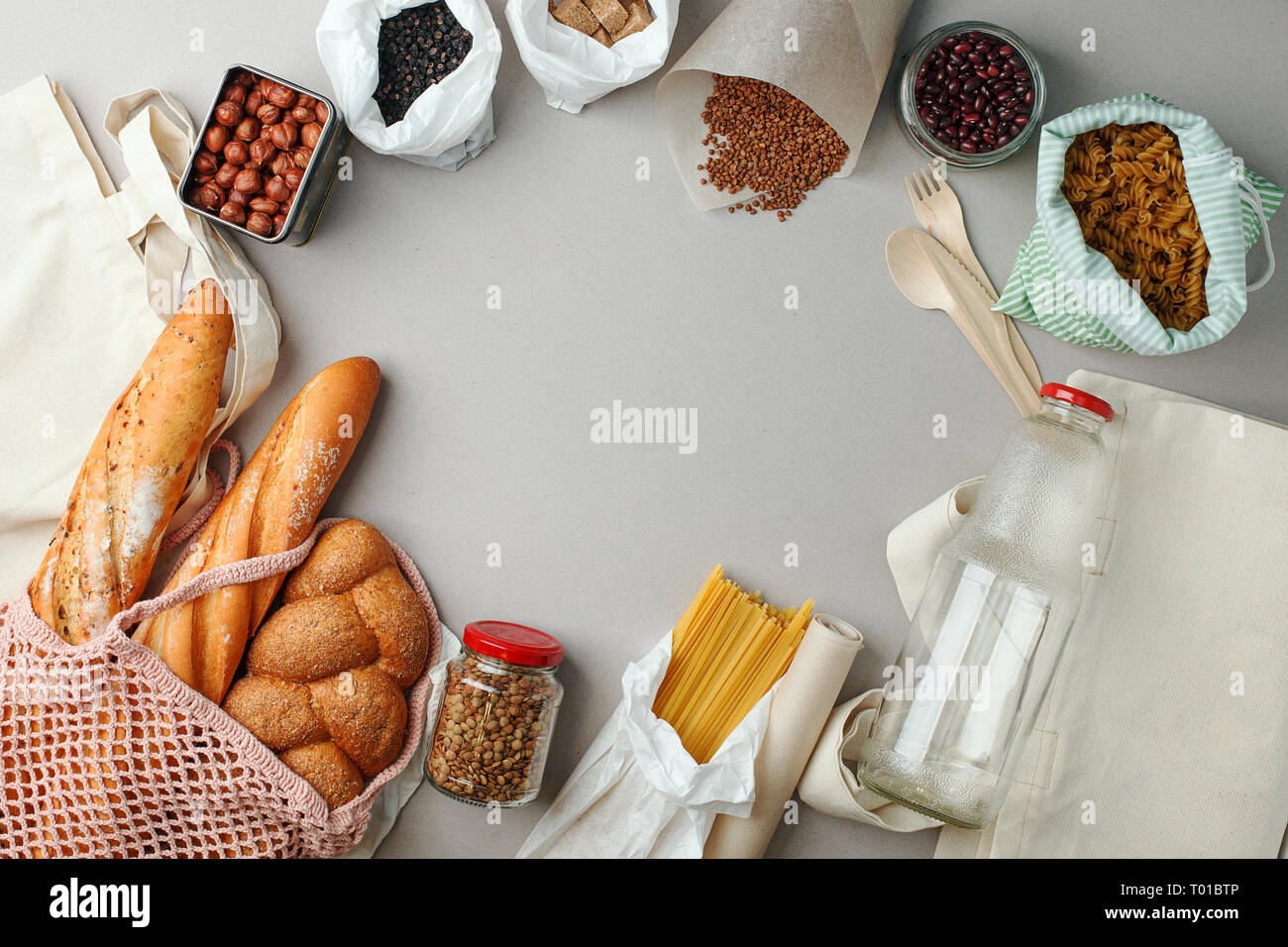 zero waste food shopping. eco natural bags and glass jar with food, eco ...