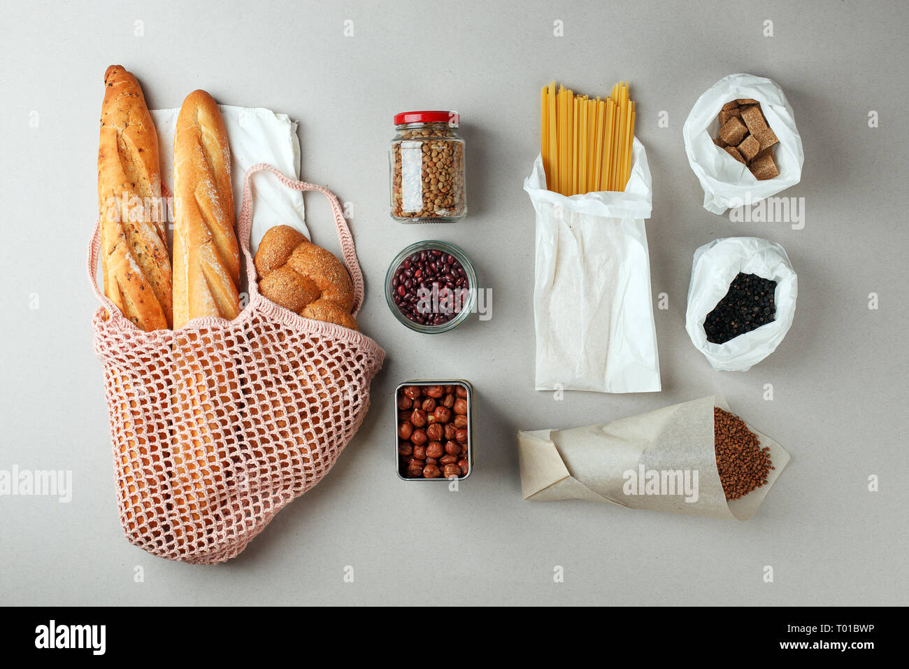 zero waste food shopping. eco natural bags and glass jar with food, eco ...